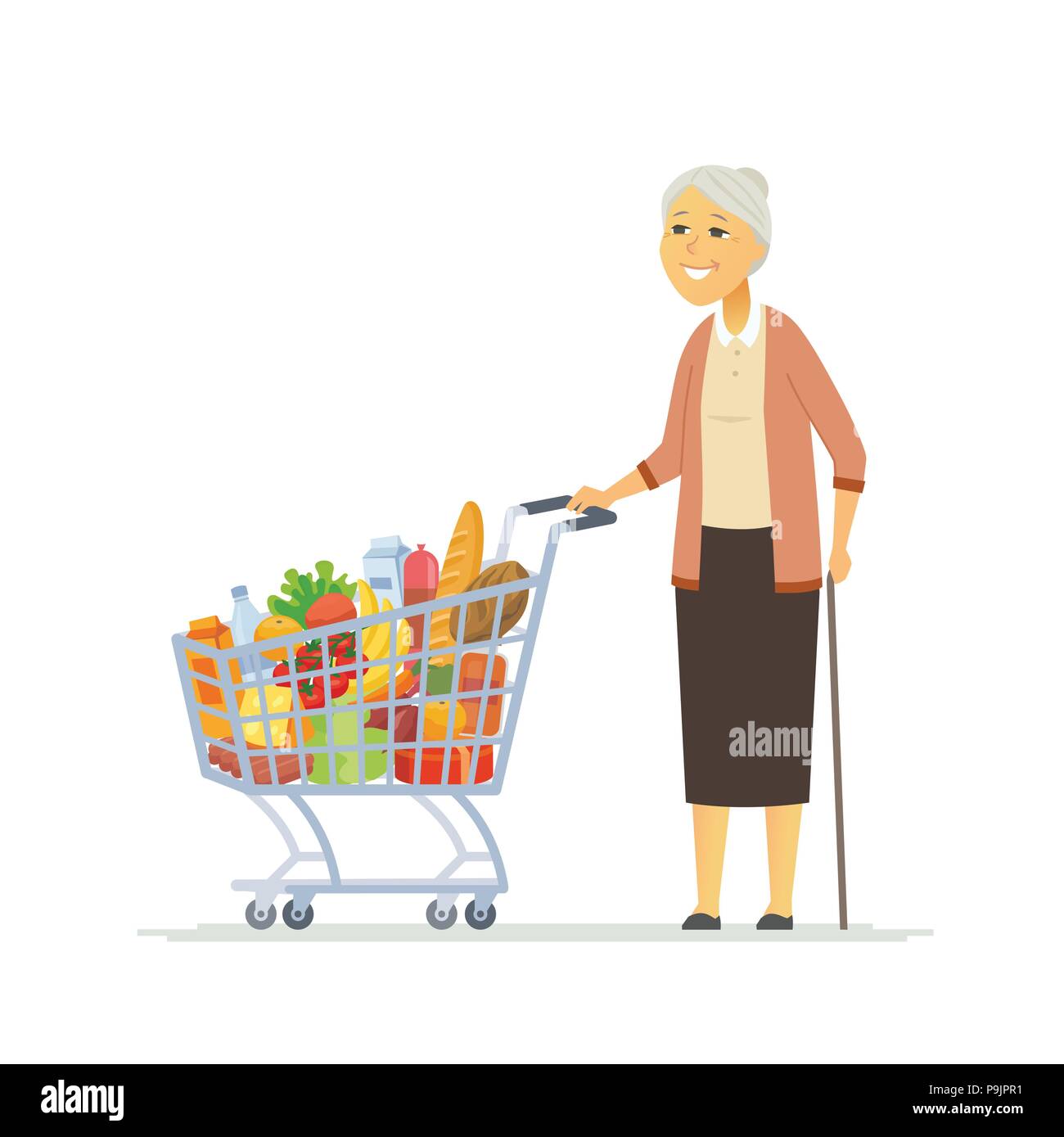 Senior woman with a shopping cart - cartoon people characters isolated ...