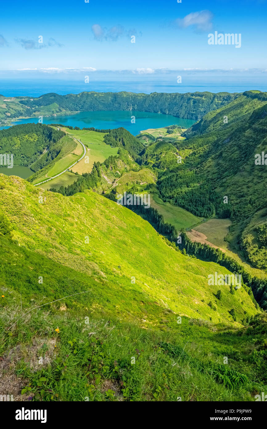 Sete Cidades, two lakes and a village in the dormant crater of a ...