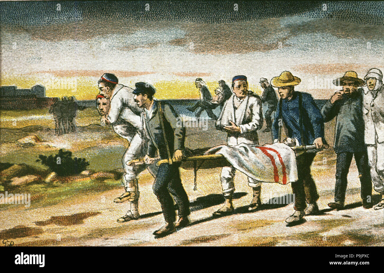 Morocco Campaign in 1913, conduction of Spanish wounded men after a ...