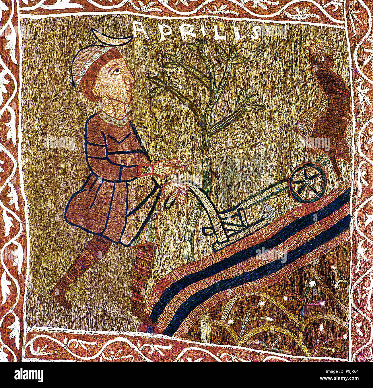 Tapestry of Creation, detail of April 'man plowing' 11st century Stock ...