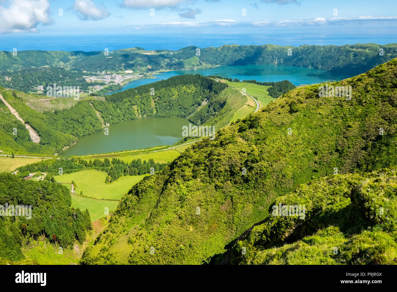 Sete Cidades, two lakes and a village in the dormant crater of a ...