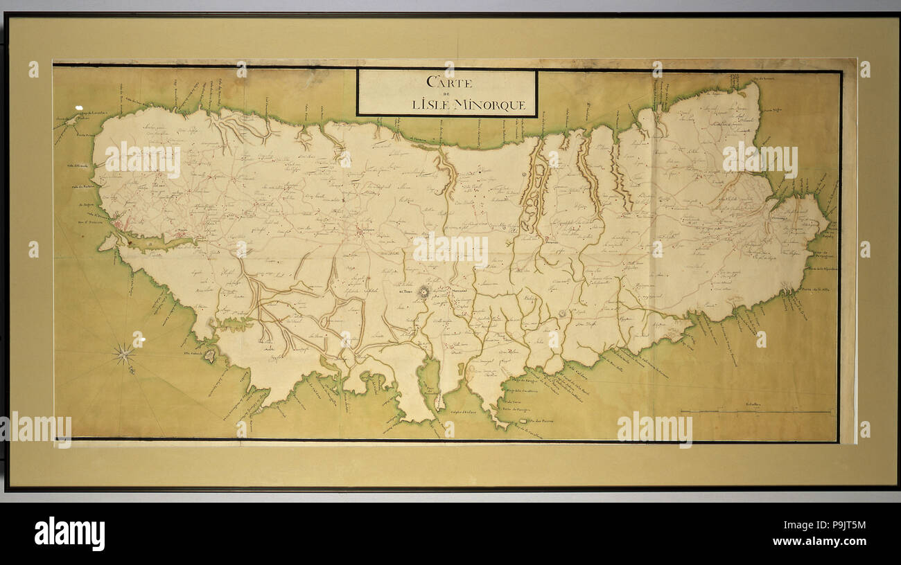 Manuscript map painted in gouache of the island of Menorca with names ...