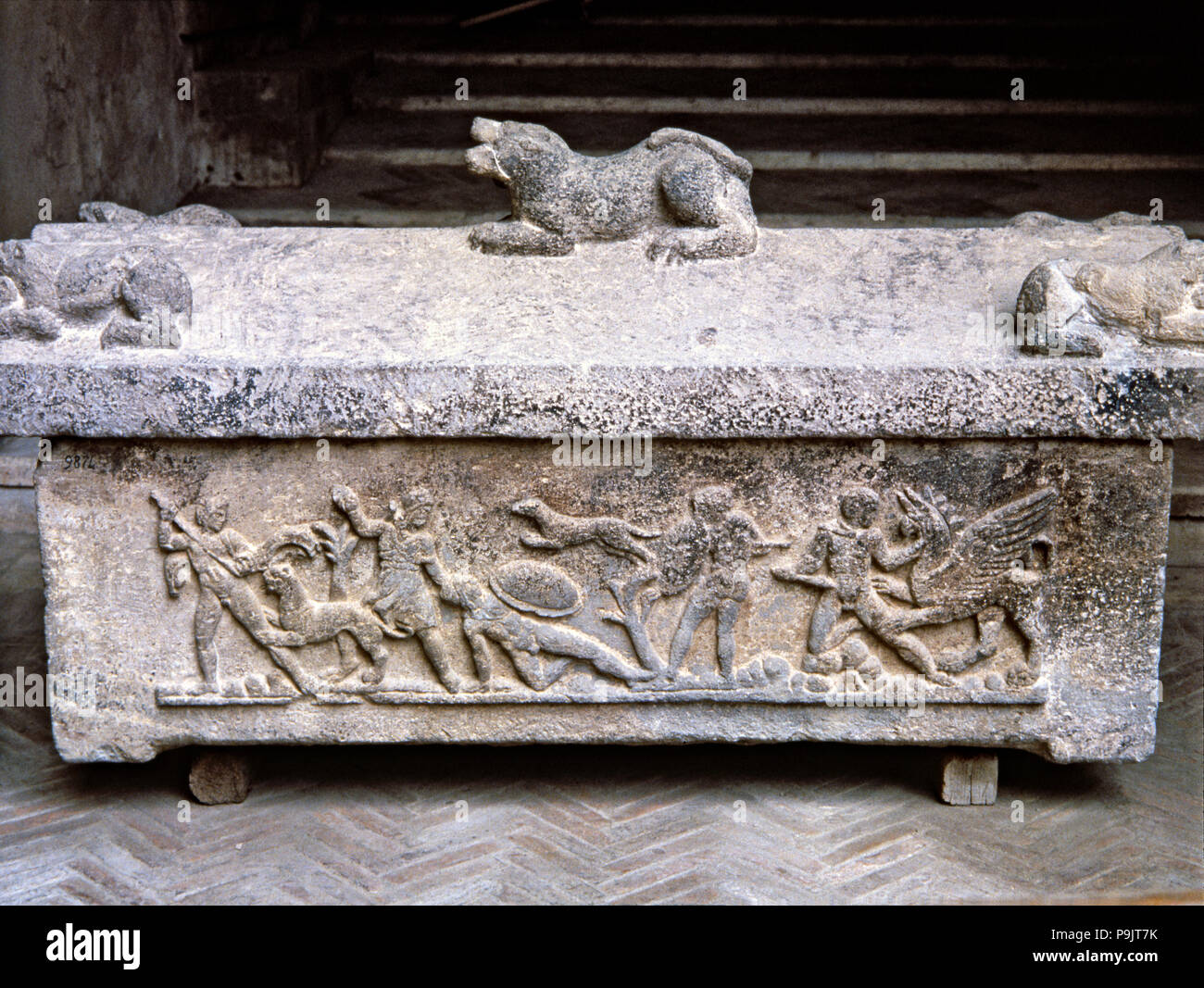 Etruscan stone sarcophagus with reliefs of Eastern influence Stock ...