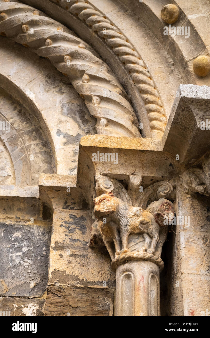 Detail of stone carving on the door arch of the 11th century church of ...