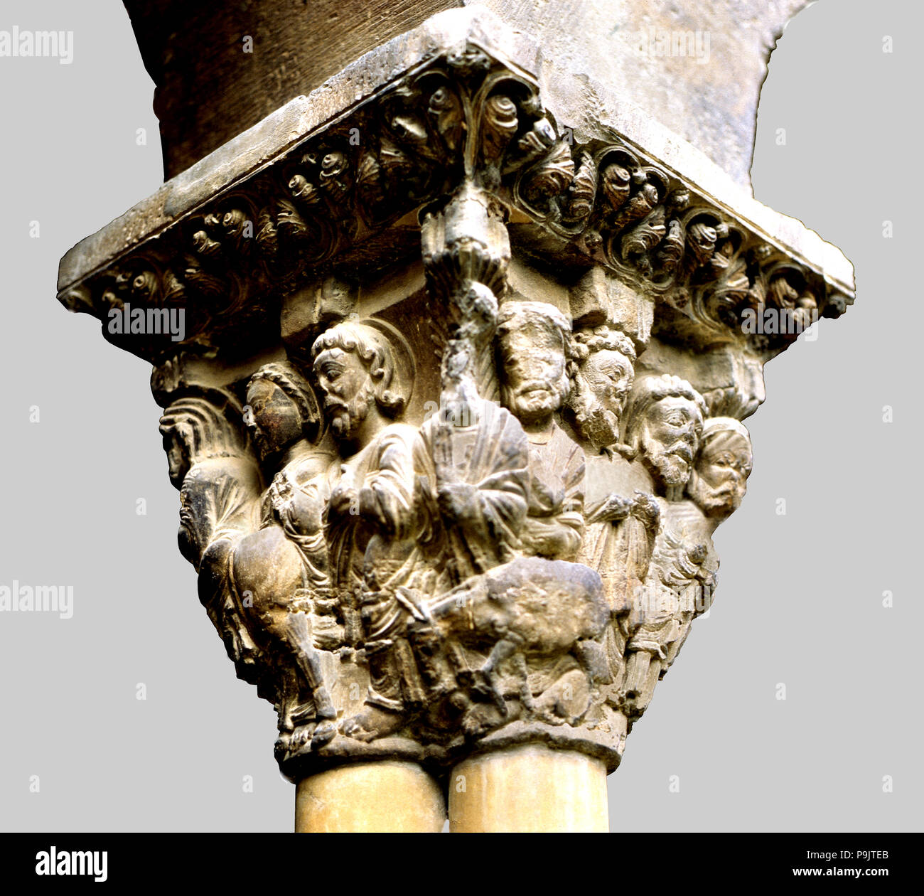 Entry of Jesus into Jerusalem, decoration of a capital of the cloister ...