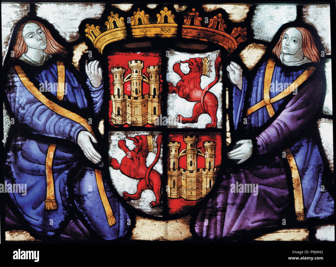 Stained glass window from the Fortress of Segovia with the shield of ...