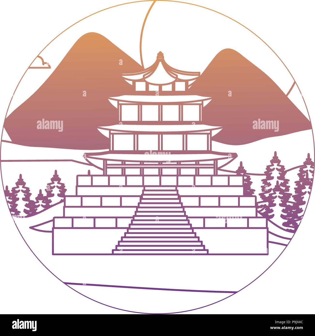 iconic asian landmark over landscape in circle shape and white ...