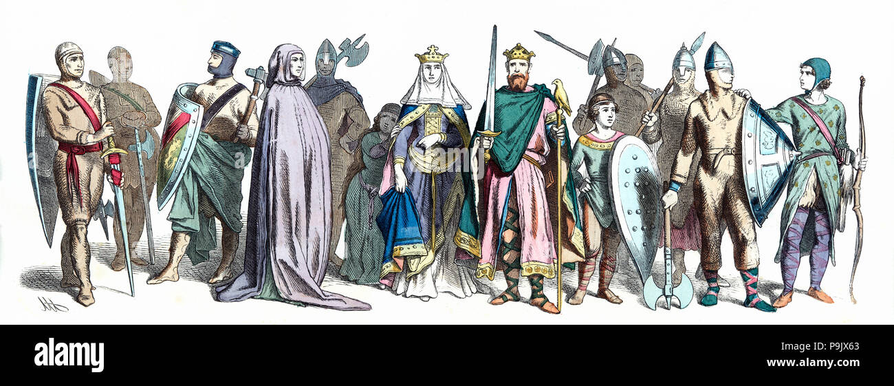 Normans and Saxons personages of the 10th century, German engraving ...