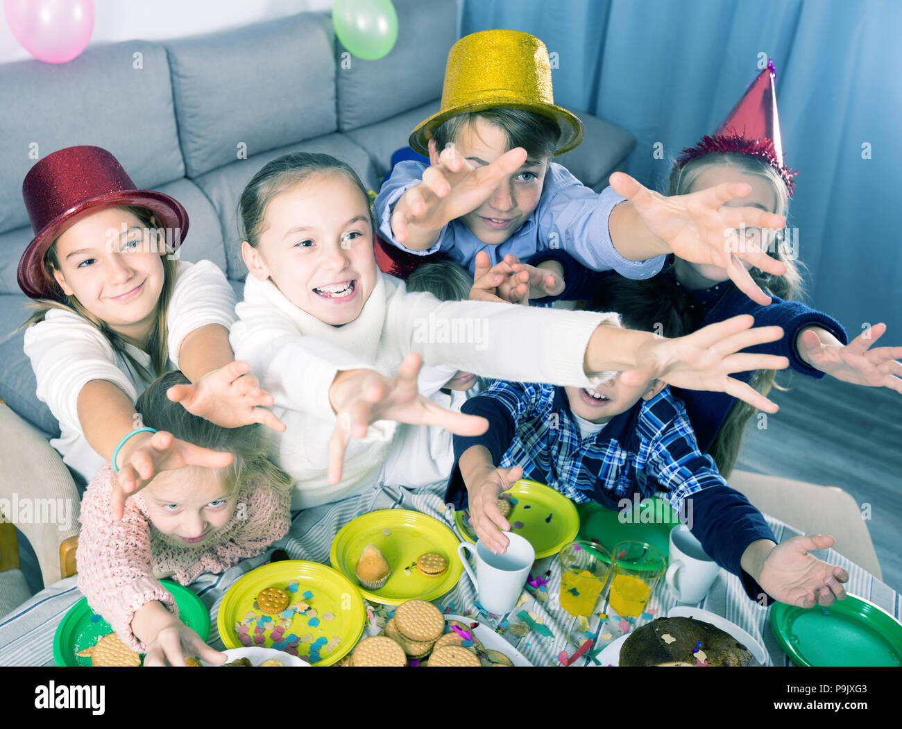 Portrait group of children having fun during friend’s birthday party ...