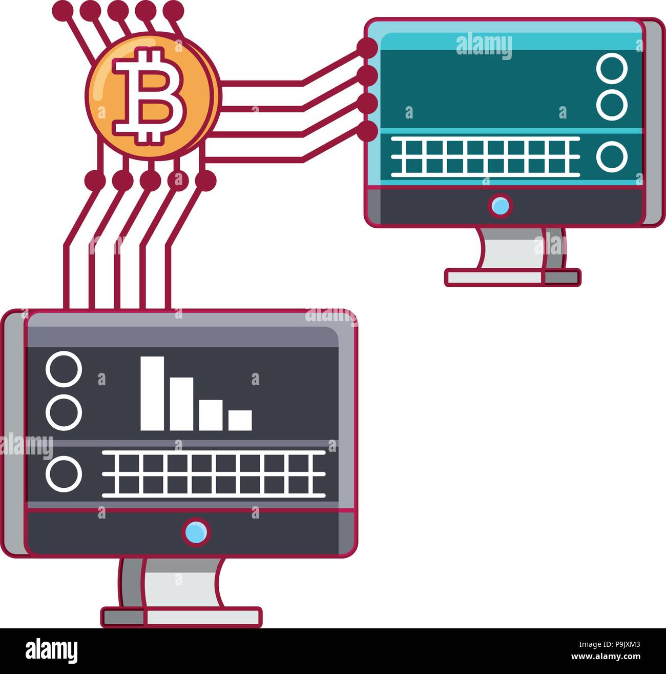 computer monitors with cryptocurrency stock market and bitcoin symbol ...