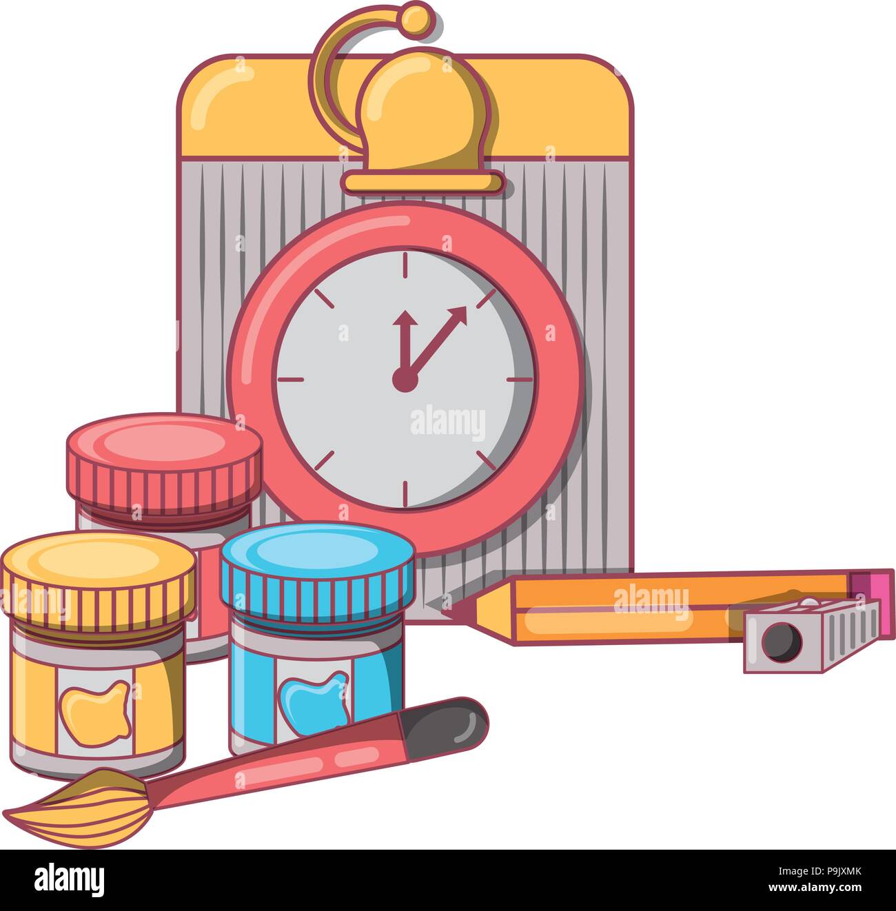 school bell and paint bottles over white background, vector ...