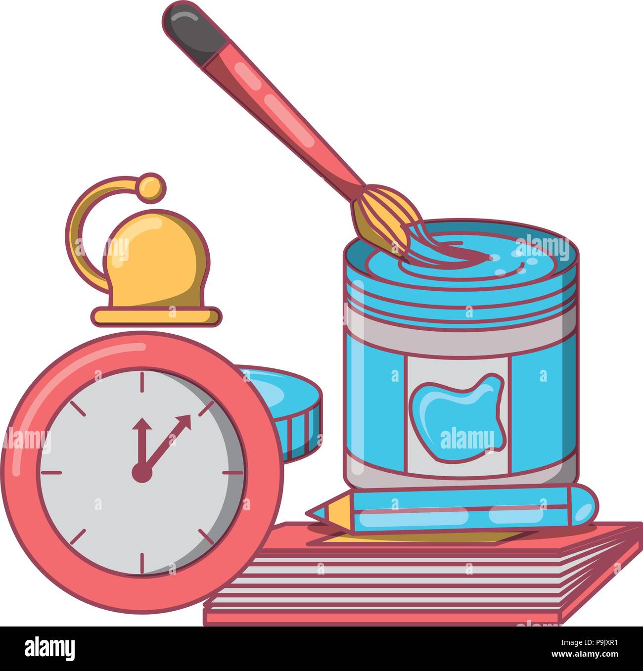paint bottle with chronometer and notebook over white background ...