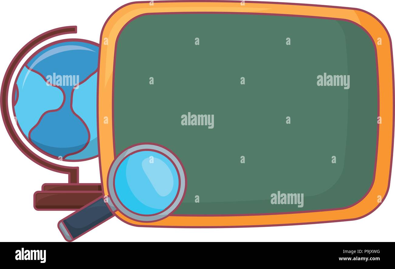 school chalkboard with geography tool and magnifying glass over white ...