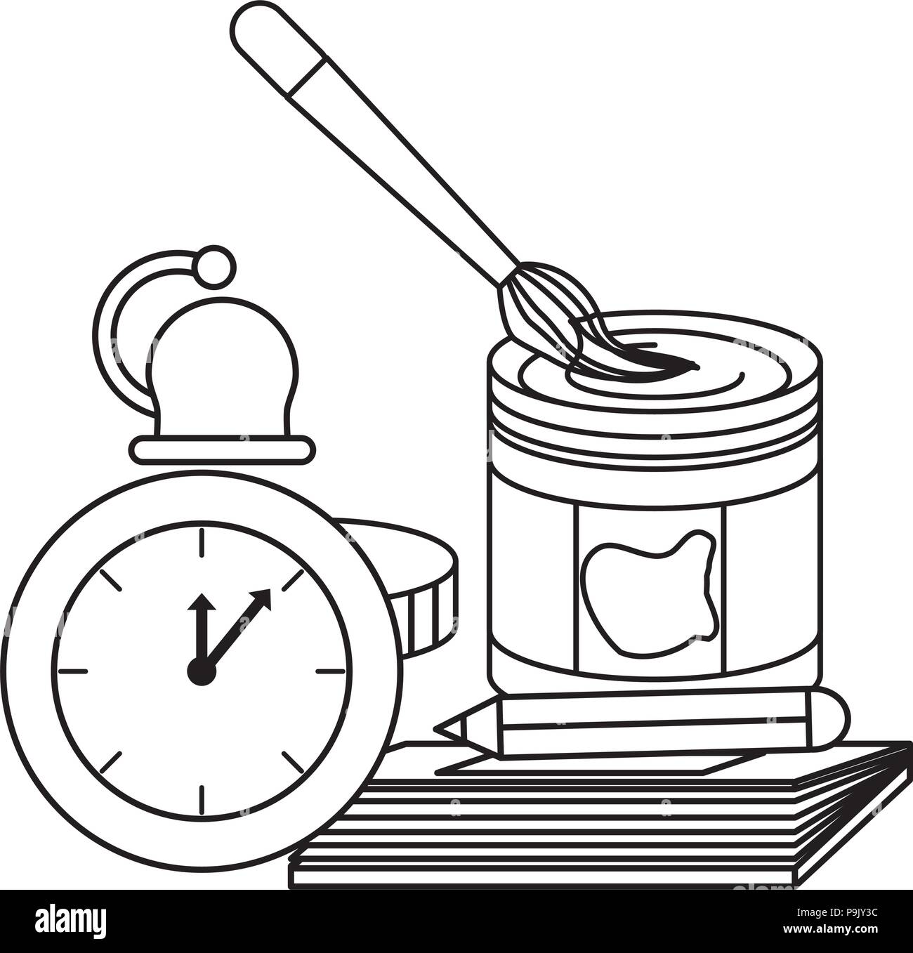 paint bottle with chronometer and notebook over white background ...