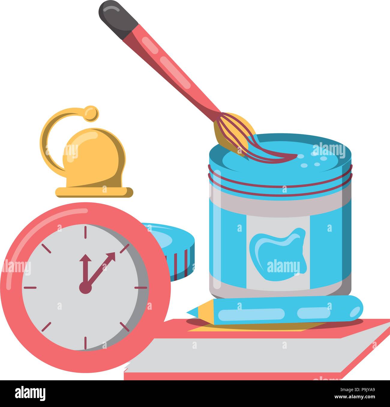 paint bottle with chronometer and notebook over white background ...