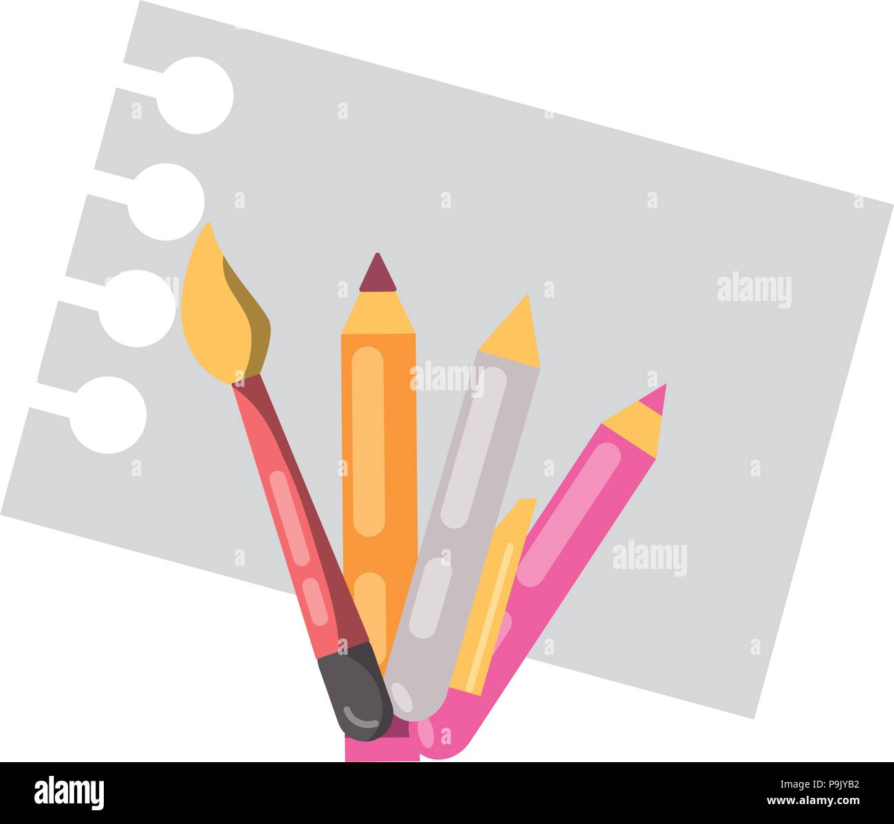 notebook sheet and writing tools over white background, vector ...