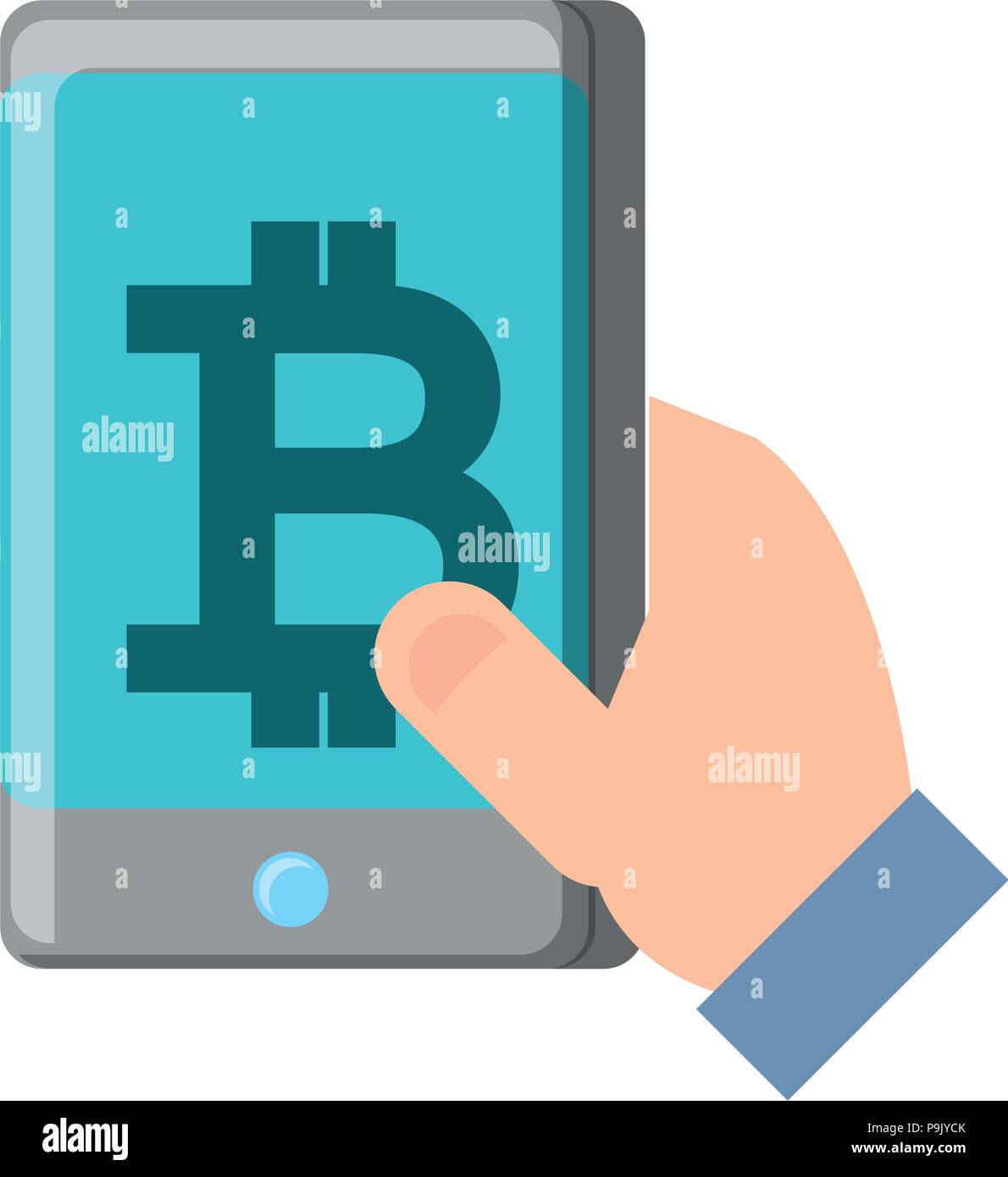 hand holding a cellphone with bitcoin symbol icon over white background ...