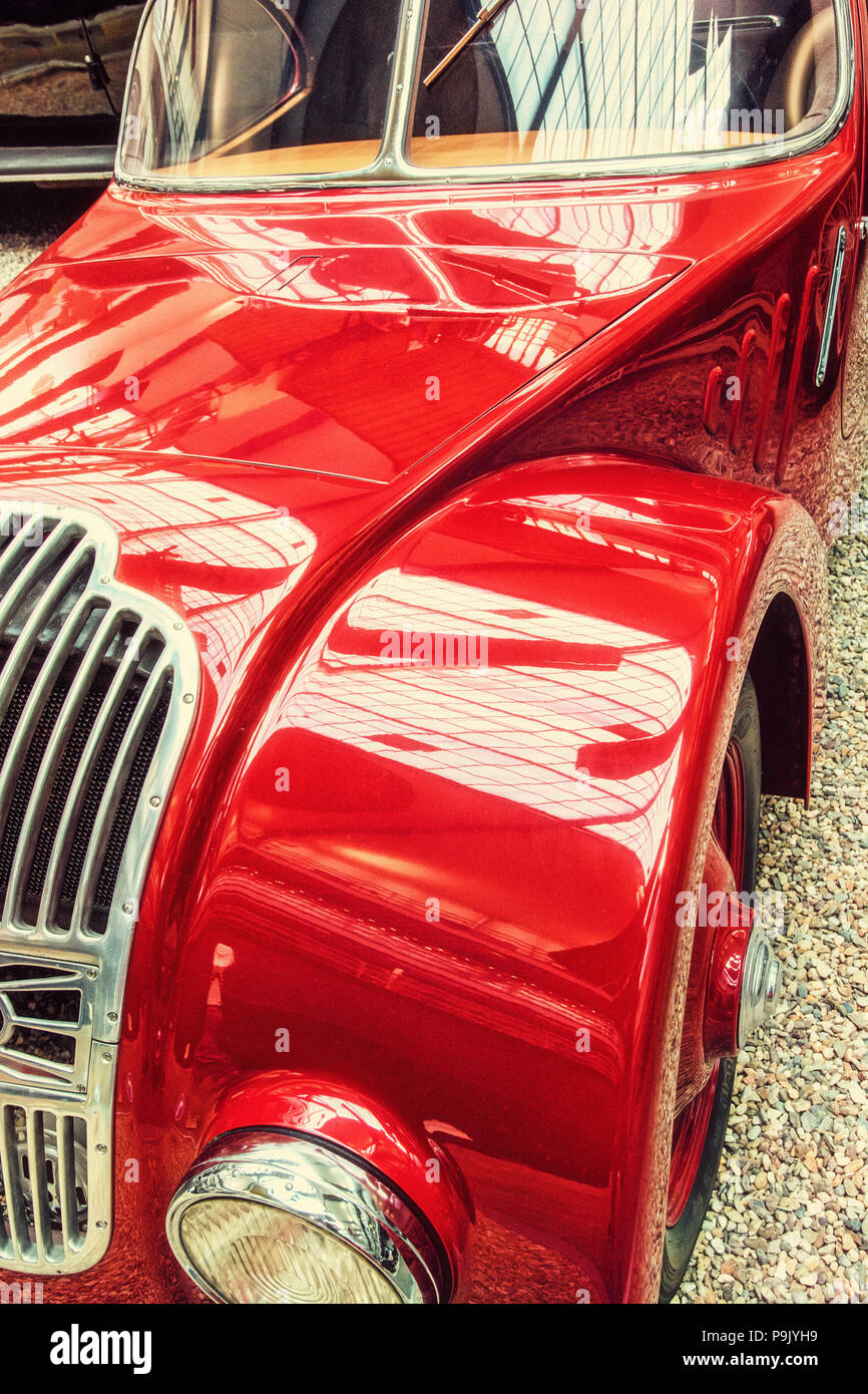 Red veteran car in national technical museum in Prague, Czech Republic ...