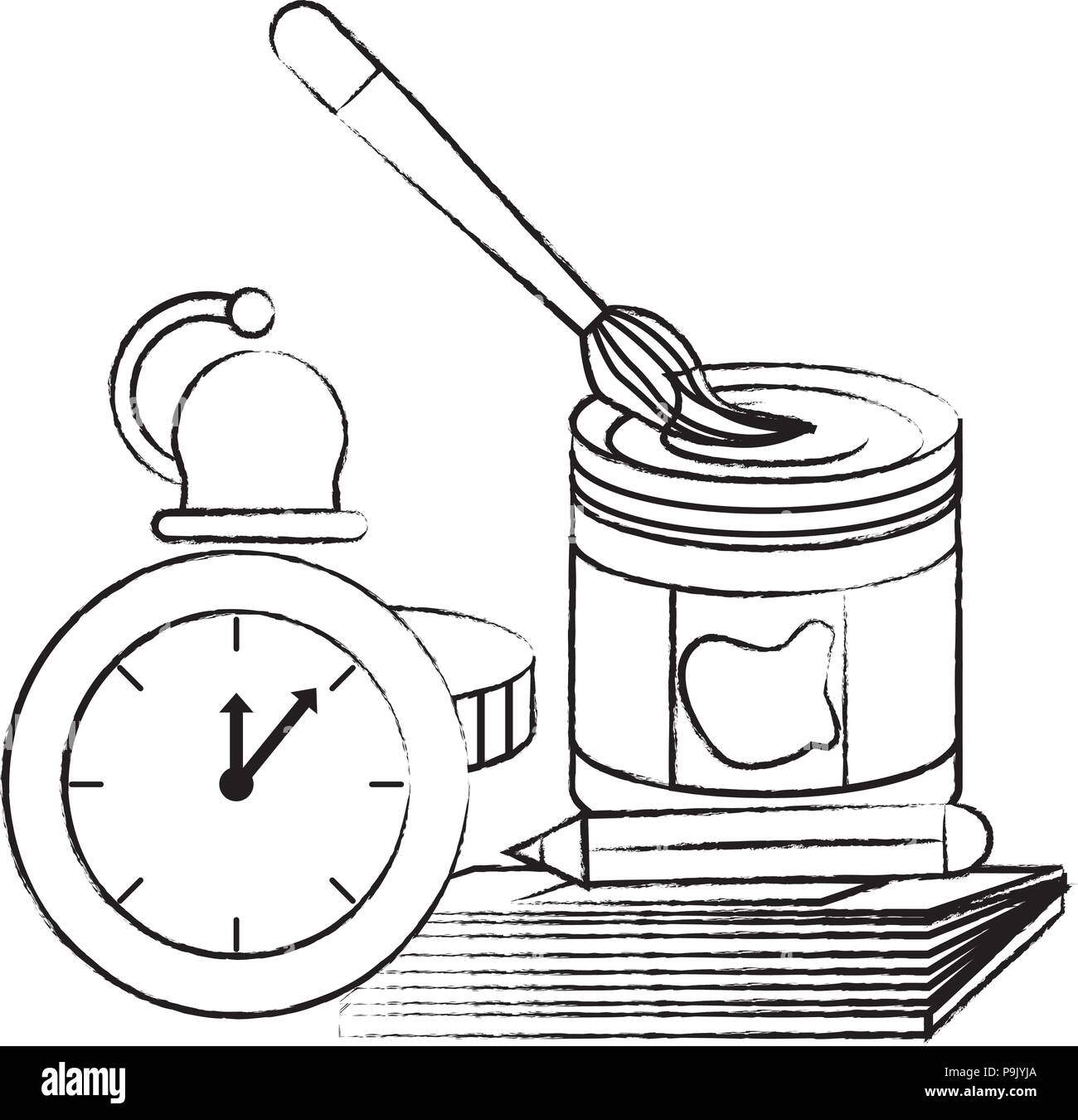 paint bottle with chronometer and notebook over white background ...