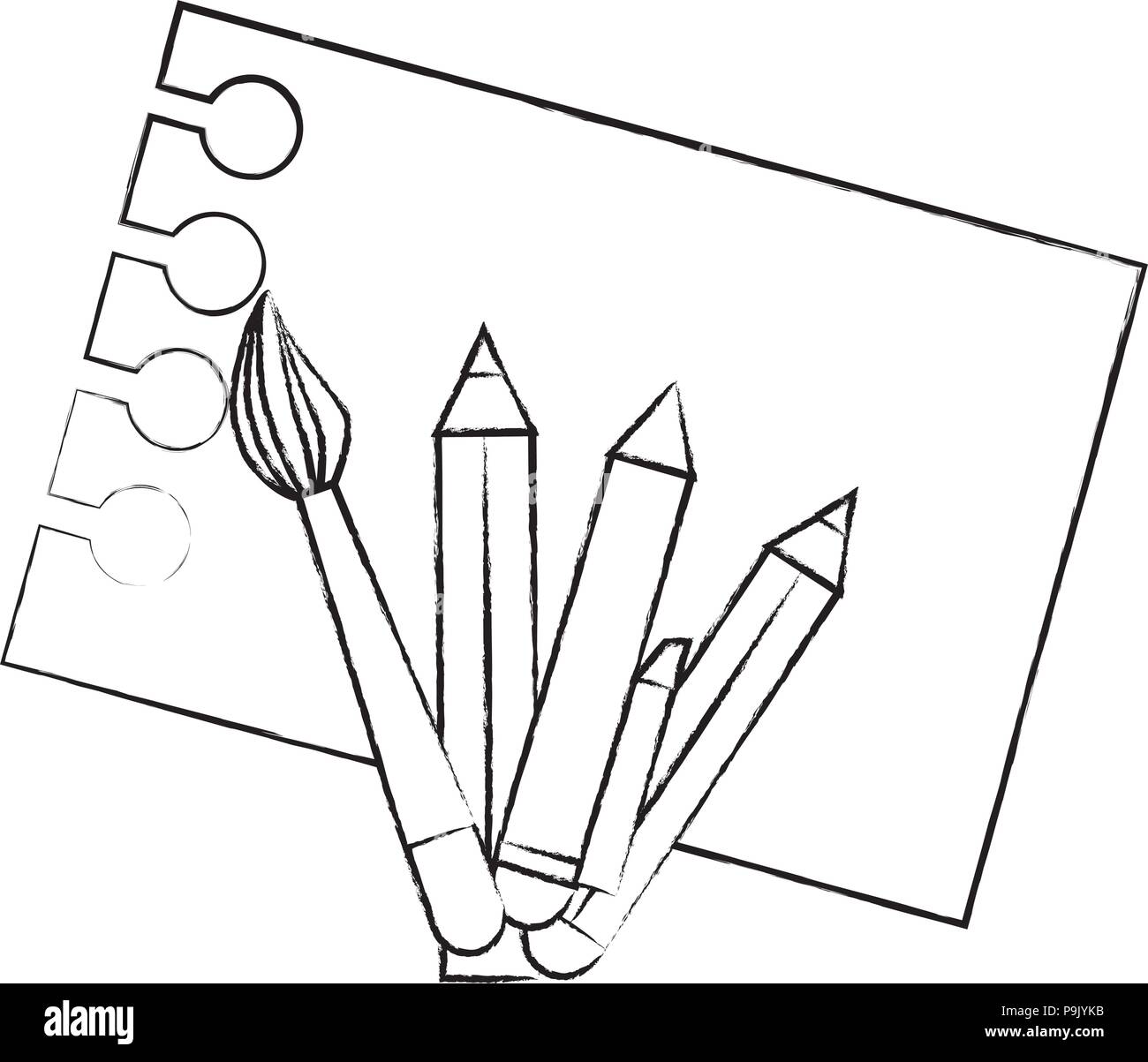 notebook sheet and writing tools over white background, vector ...