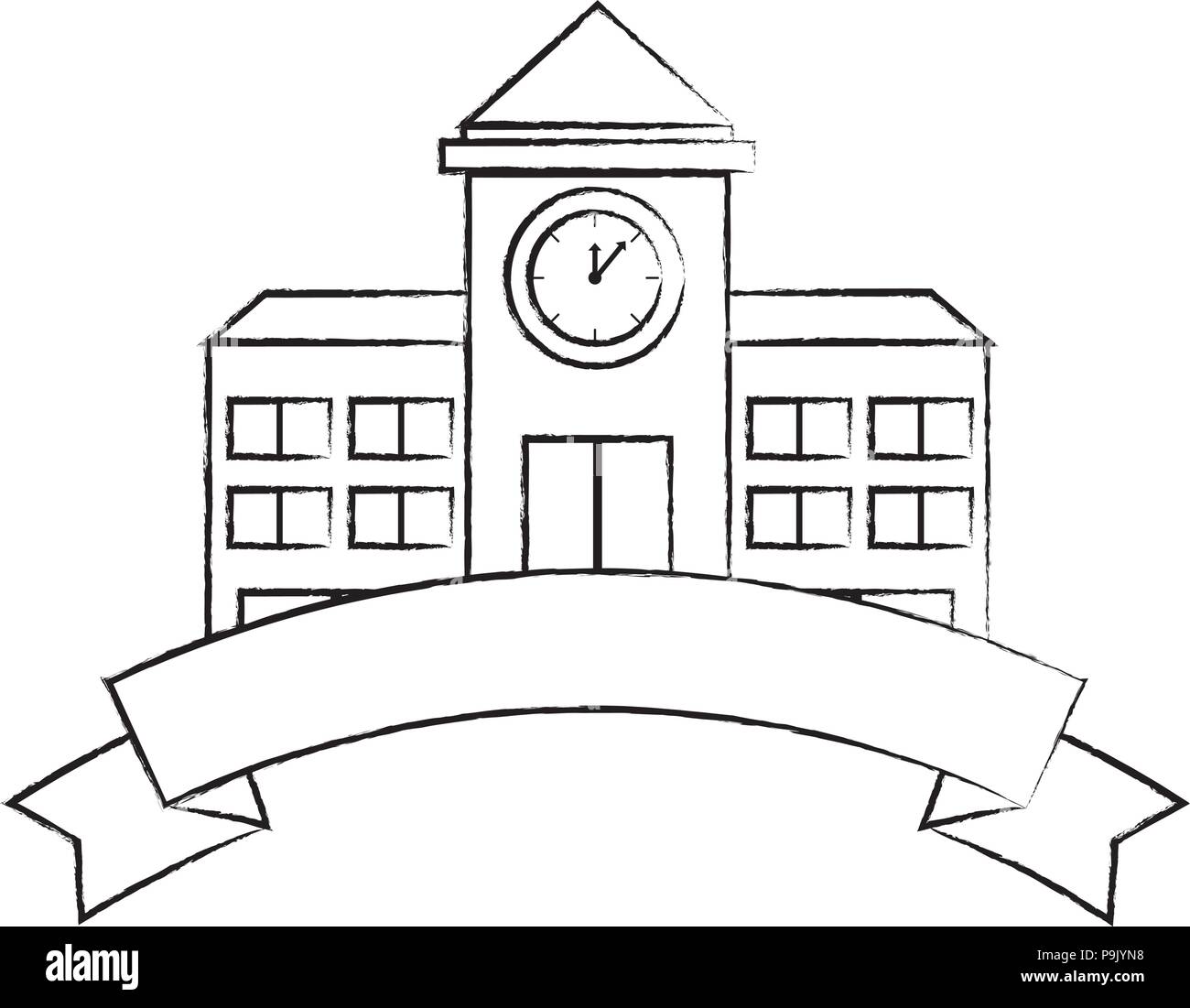 school emblem design with decorative ribbon and school building over ...