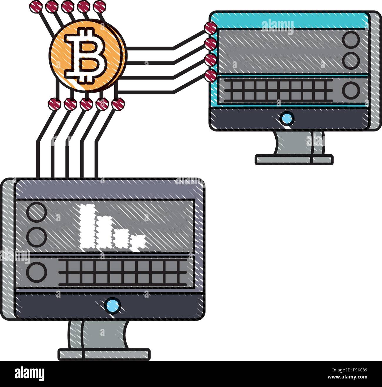 computer monitors with cryptocurrency stock market and bitcoin symbol ...