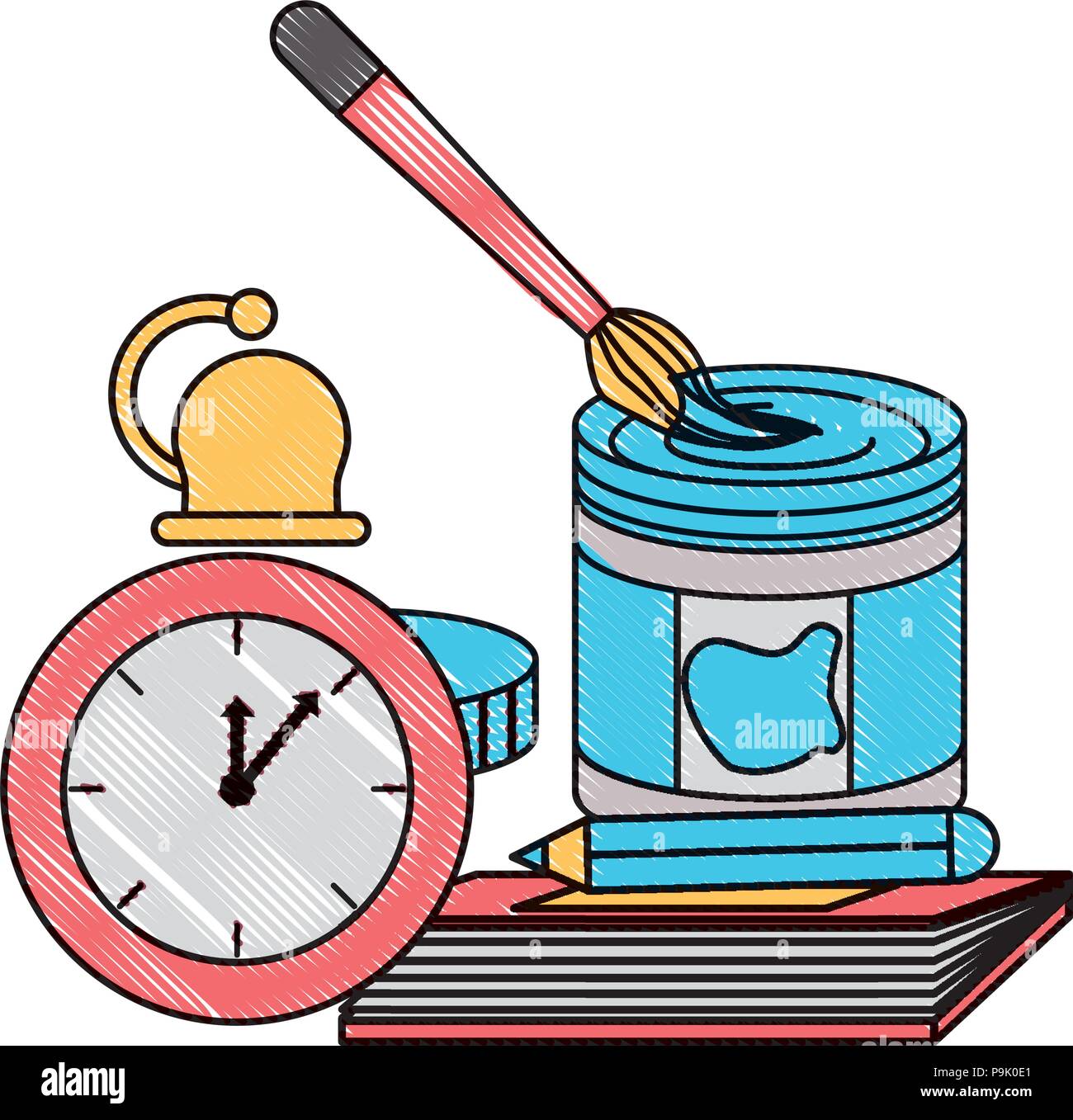 paint bottle with chronometer and notebook over white background ...