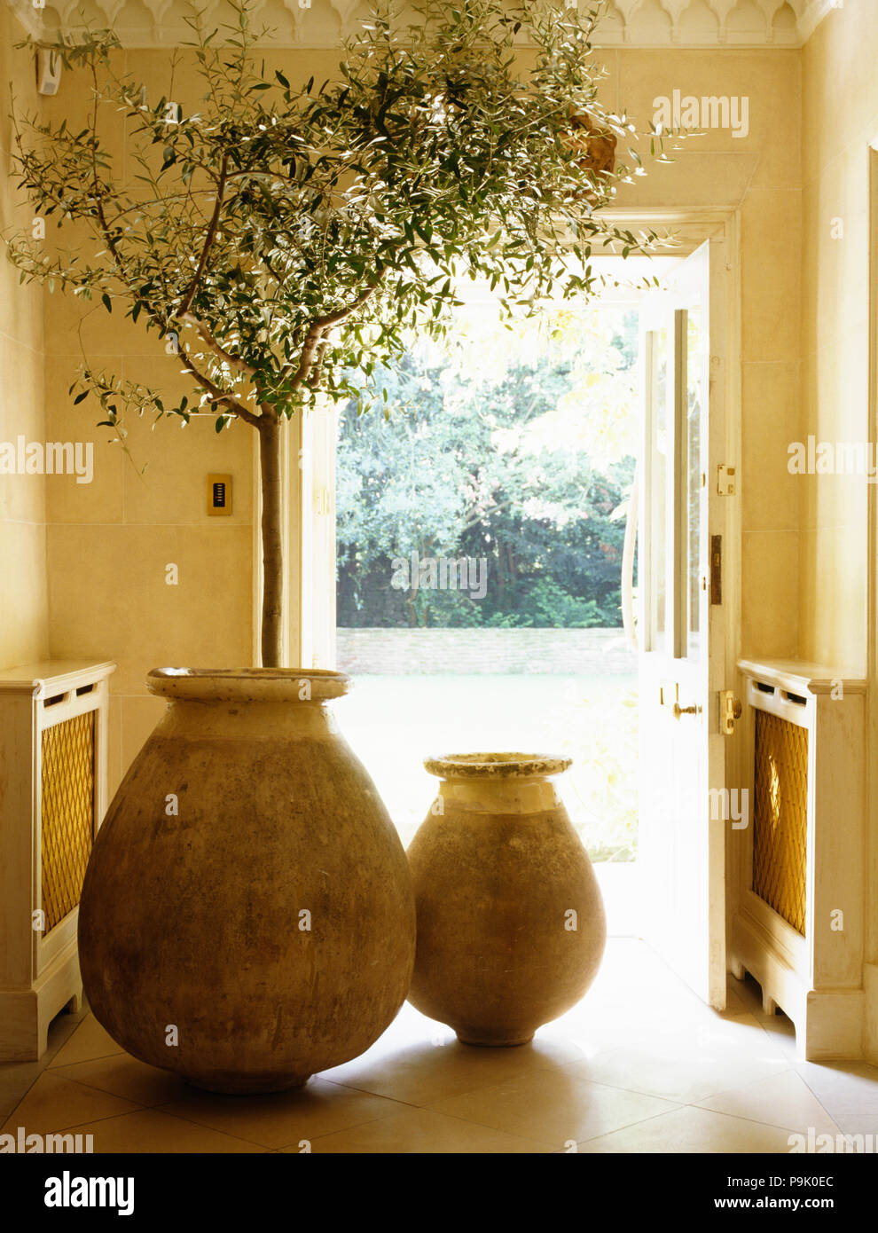 Large pithoi pots and small tree beside front door in cream country ...