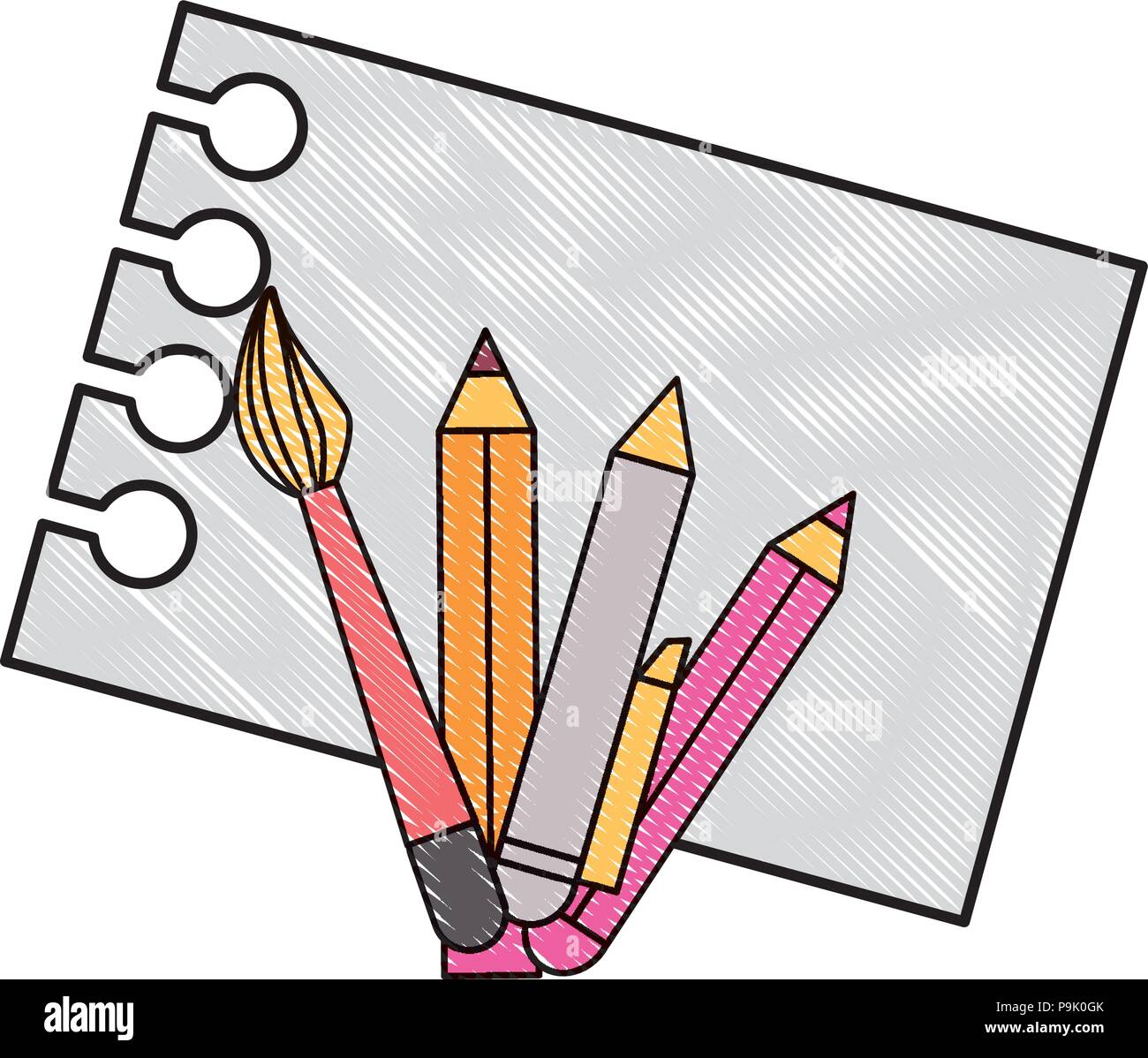 notebook sheet and writing tools over white background, vector ...