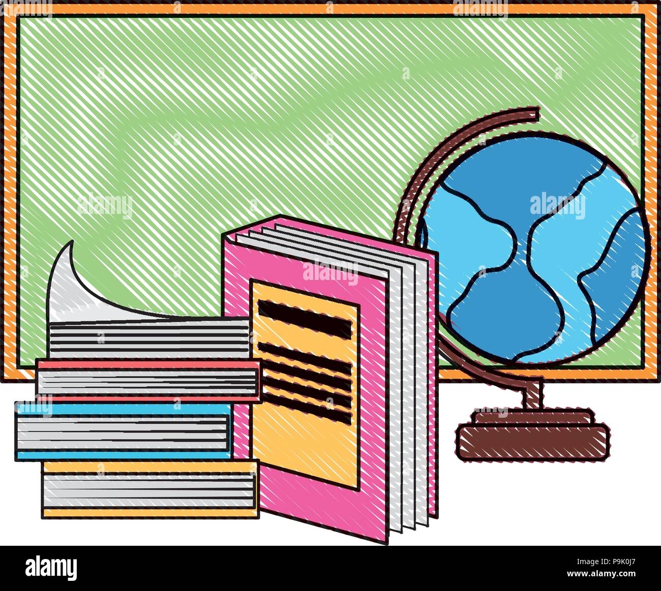 school chalkboard with books and geography tool over white background ...