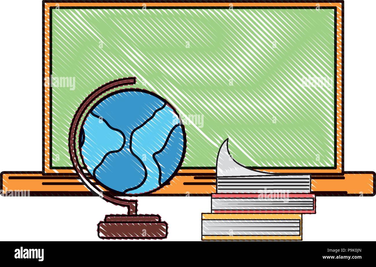 school chalkboard with books and geography tools over white background ...