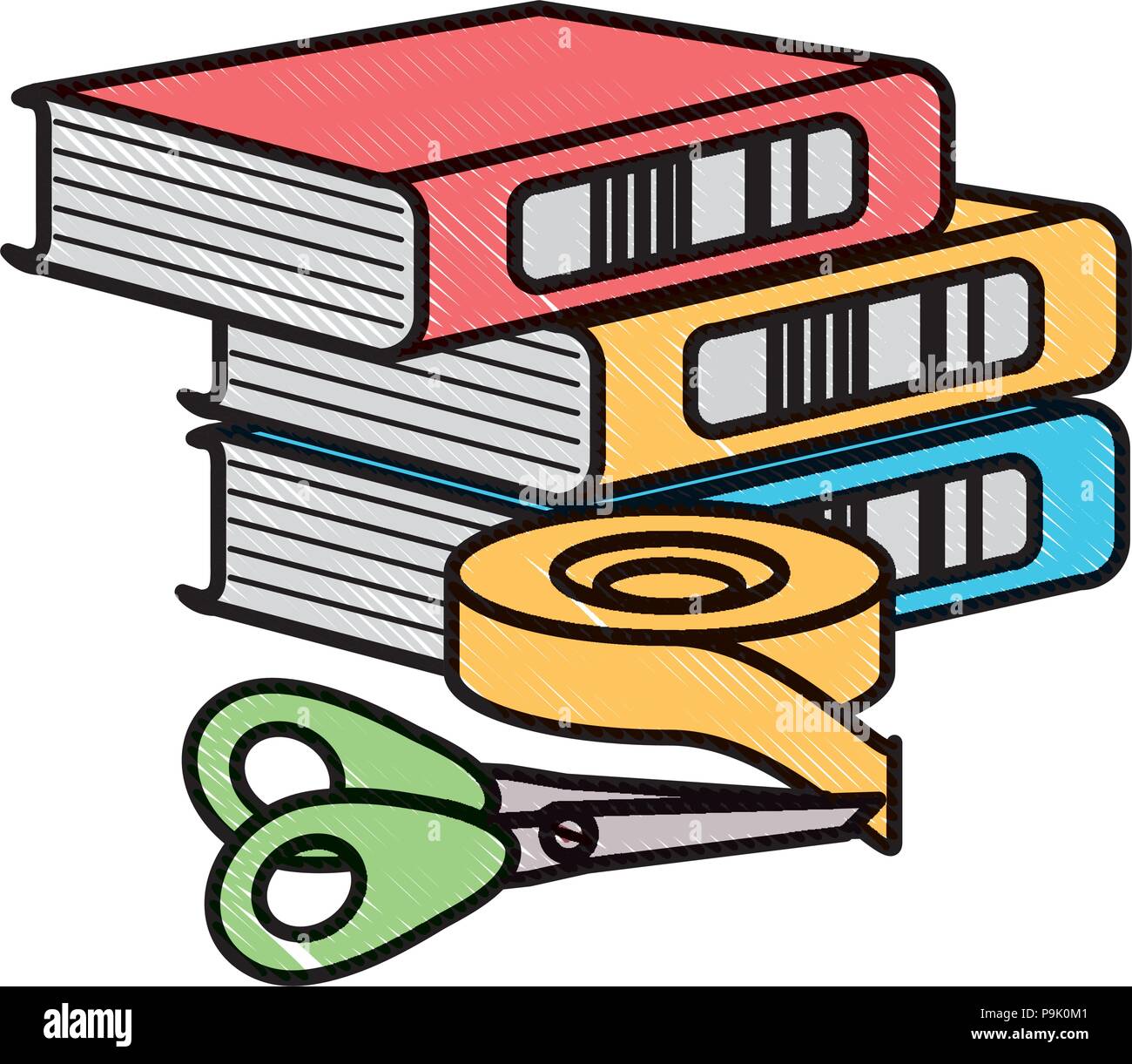 books with scissors and tape over white background, vector illustration ...