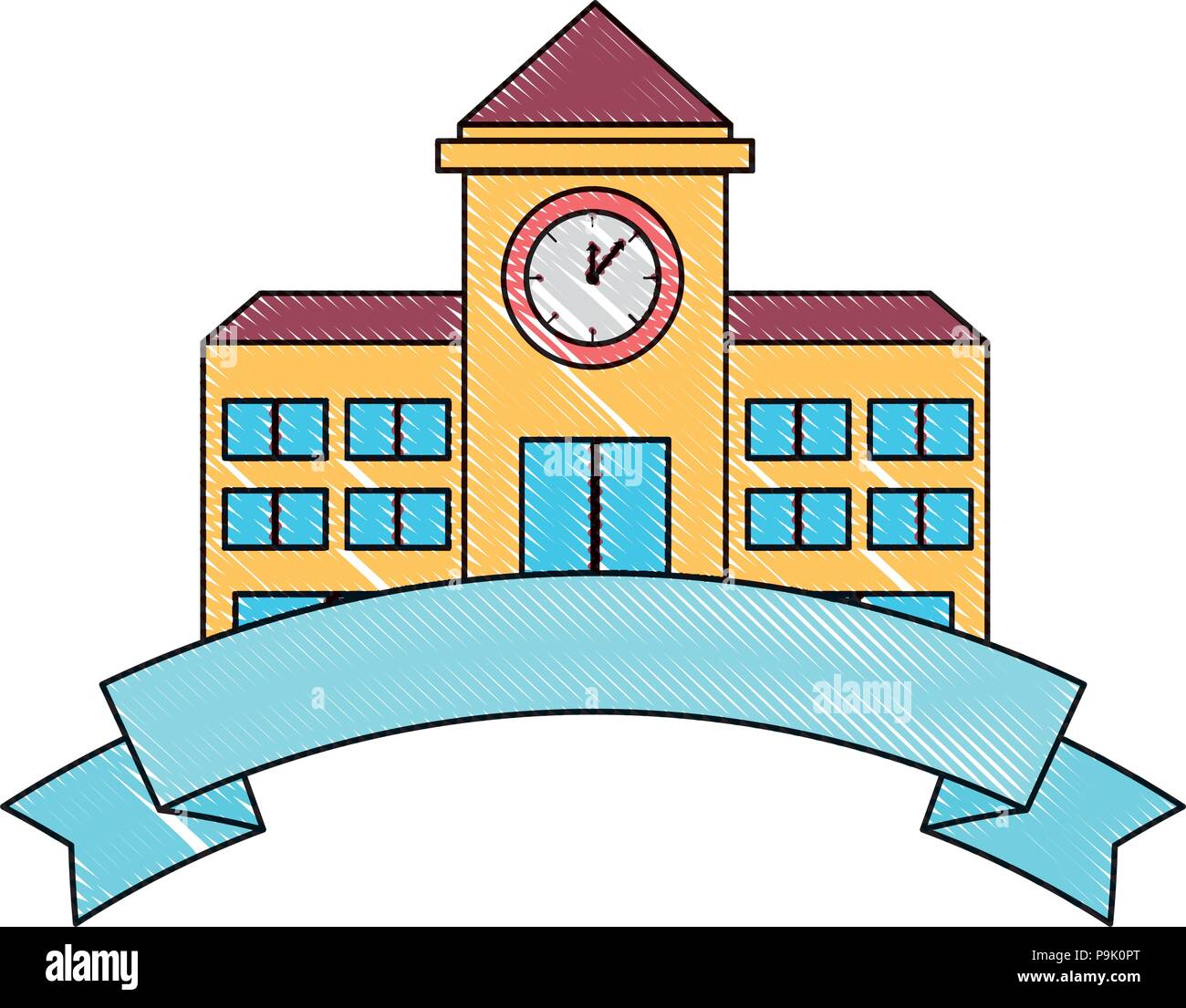 school emblem design with decorative ribbon and school building over ...
