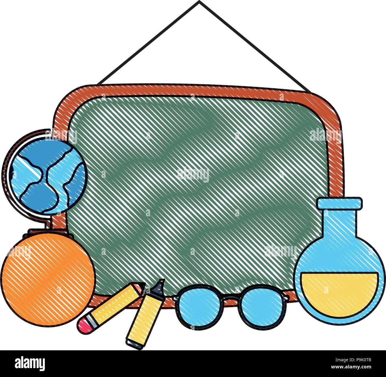 school chalkboard with related icons around over white background ...