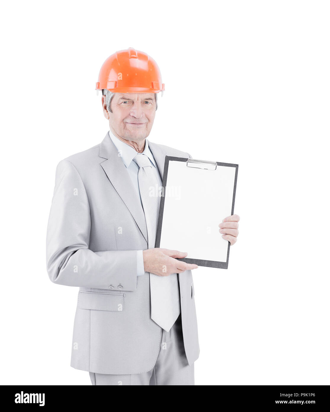 Engineer showing a clipboard with a blank sheet of paper. isolated on ...