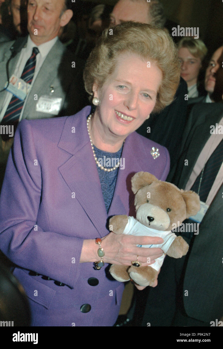 Prime Minister Margaret Thatcher holds BUPA The Bear on the BUPA stand ...