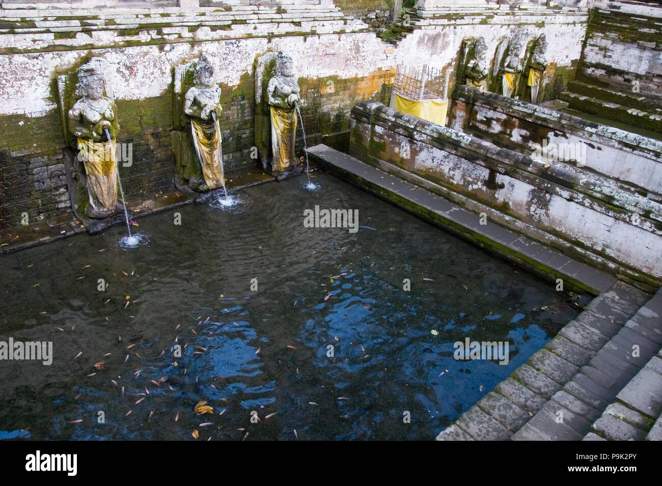 Traditional Balinese sculpture in front of a water pool, inside Goa ...