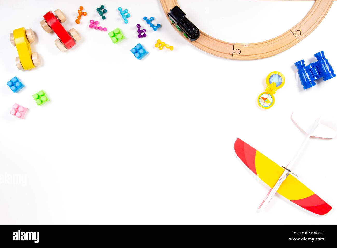 Colorful kids toys frame on white background. Top view. Flat lay Stock ...