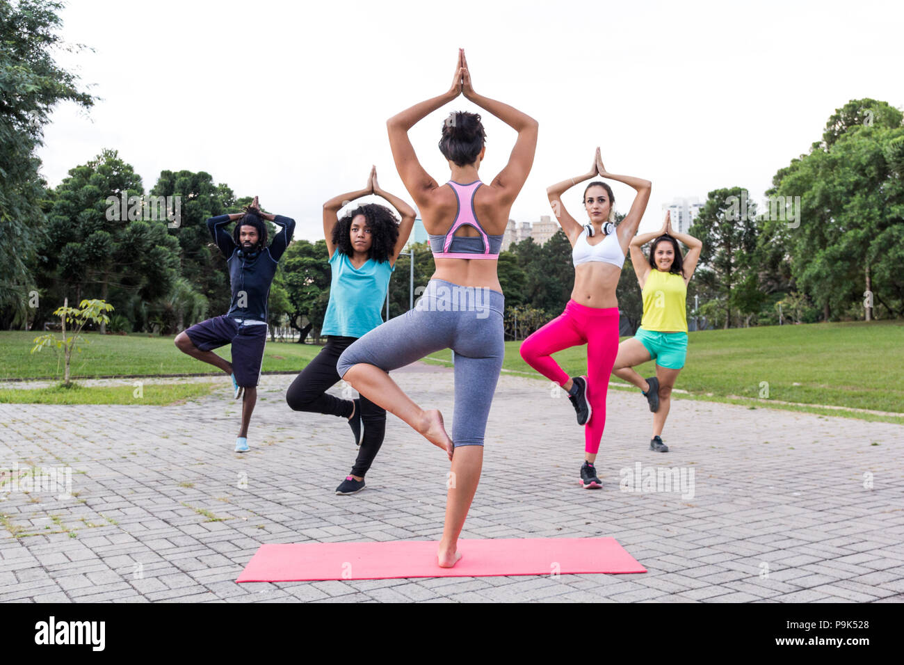 Yoga classes outdoors with multiracial group with different physical ...