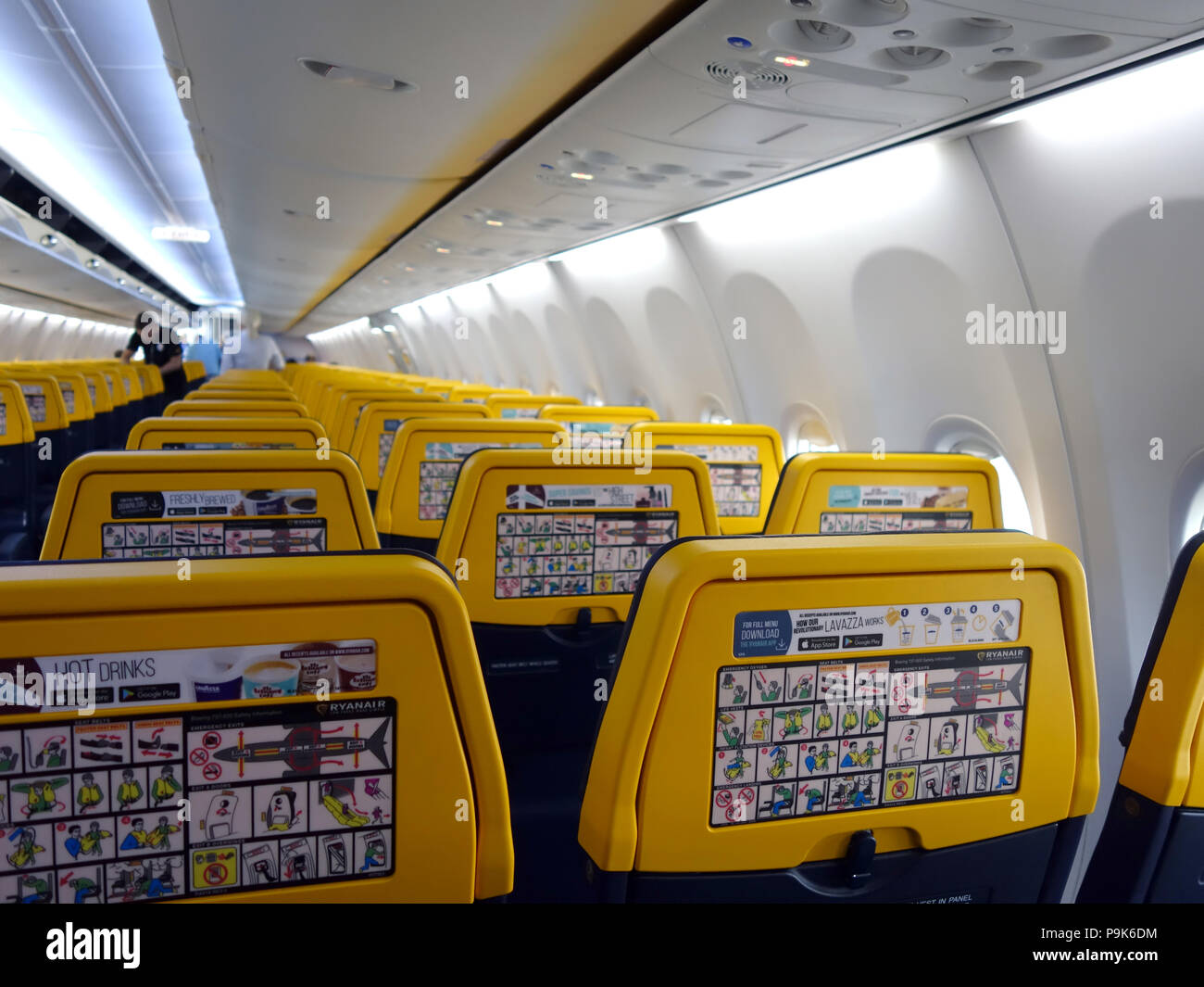 Empty Airplane cabin on a Ryanair flight, photograph showing all the ...