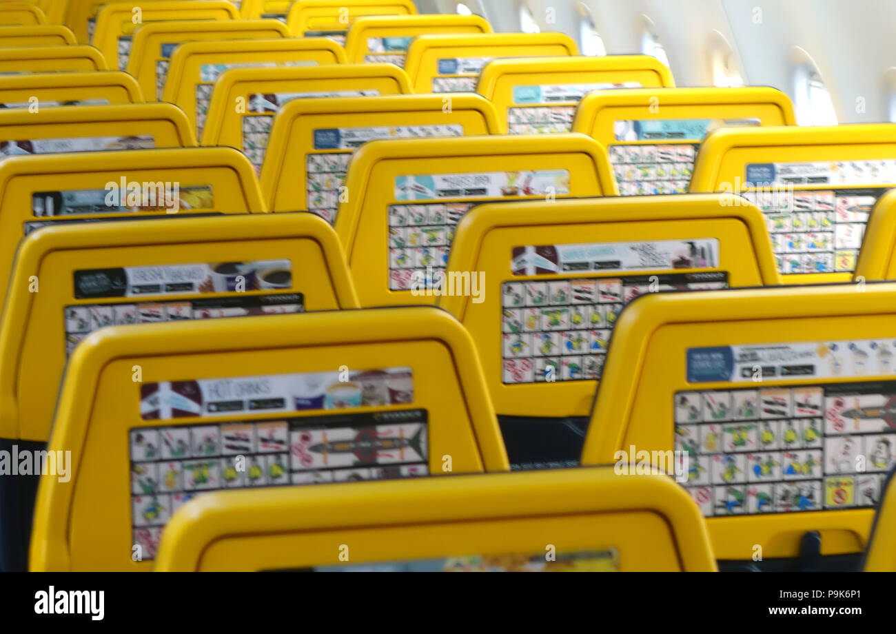 Empty Airplane cabin on a Ryanair flight, photograph showing all the ...