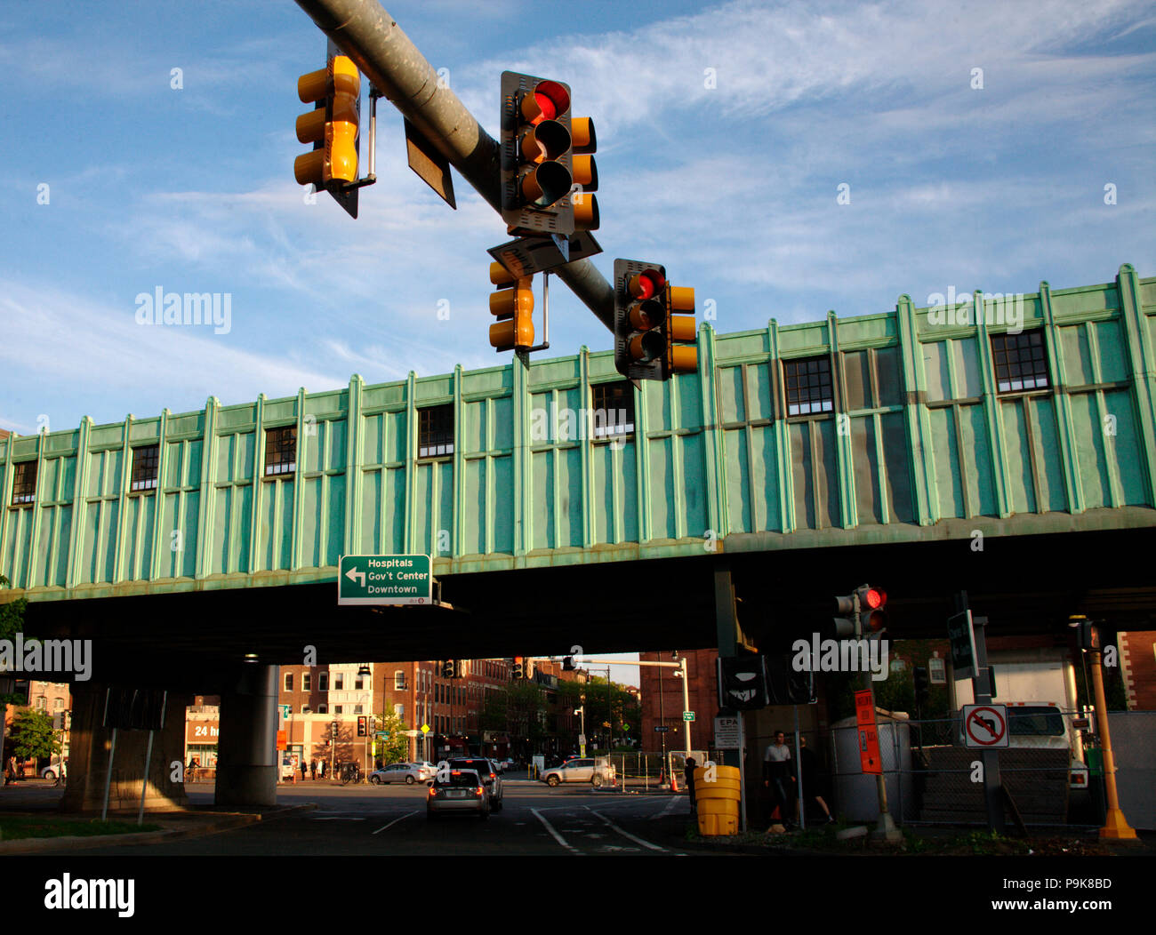 Traffic lights and overground passage in downtown Boston, MA Stock ...
