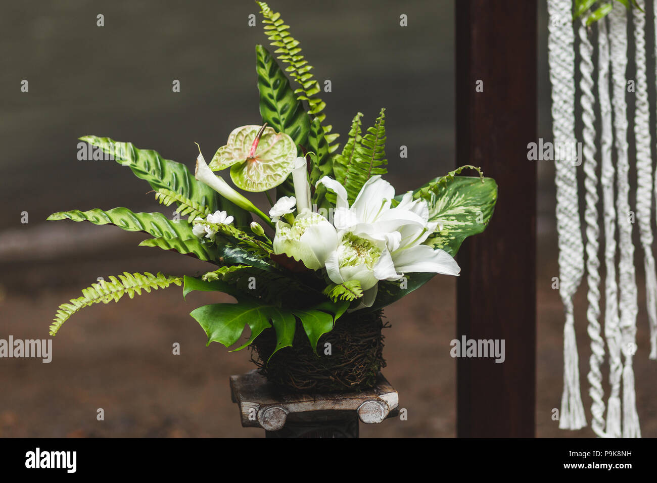 Wedding arch decoration with tropical flowers and plants, leaves of ...
