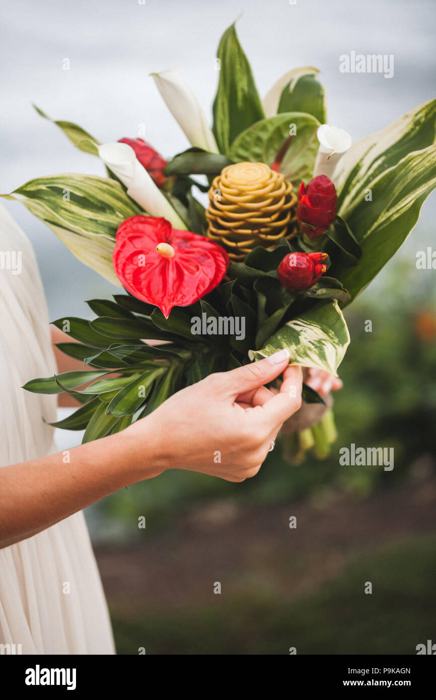 Bouquet with red and green tropical flowers in bride's hands Stock ...