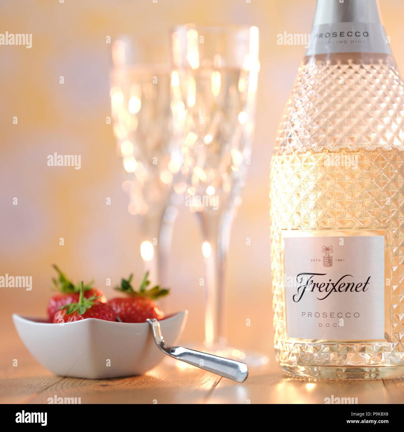 Prosecco and Strawberries cut crystal glasses flower wallpaper wooden ...