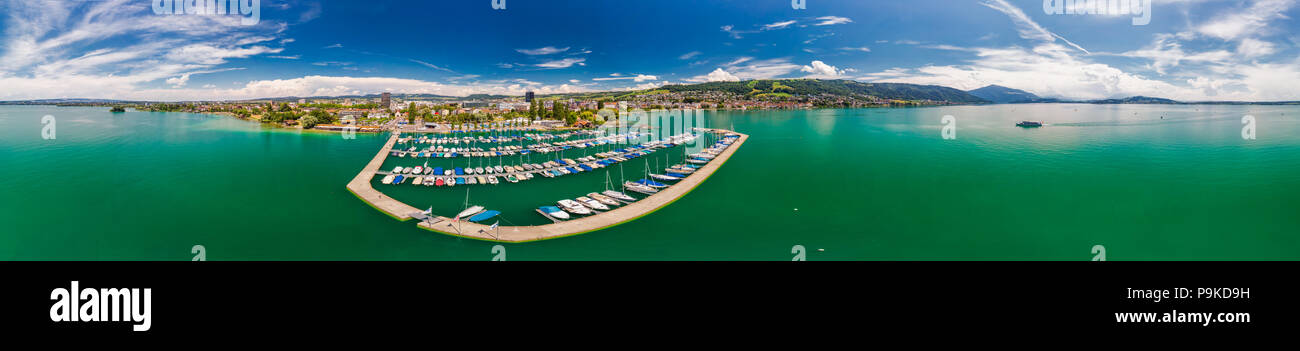 Aerial view of Zug old town with colorful houses, Zugersee and Rigi ...