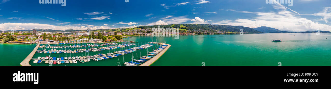 Aerial view of Zug old town with colorful houses, Zugersee and Rigi ...