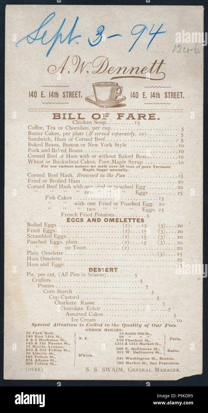 202 BILL OF FARE (held by) A.W. DENNETT (at) "NEW YORK, NY" (REST ...