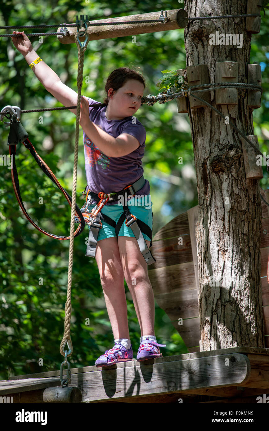 Portrait of a beautiful girl on a rope park among trees. Children ...