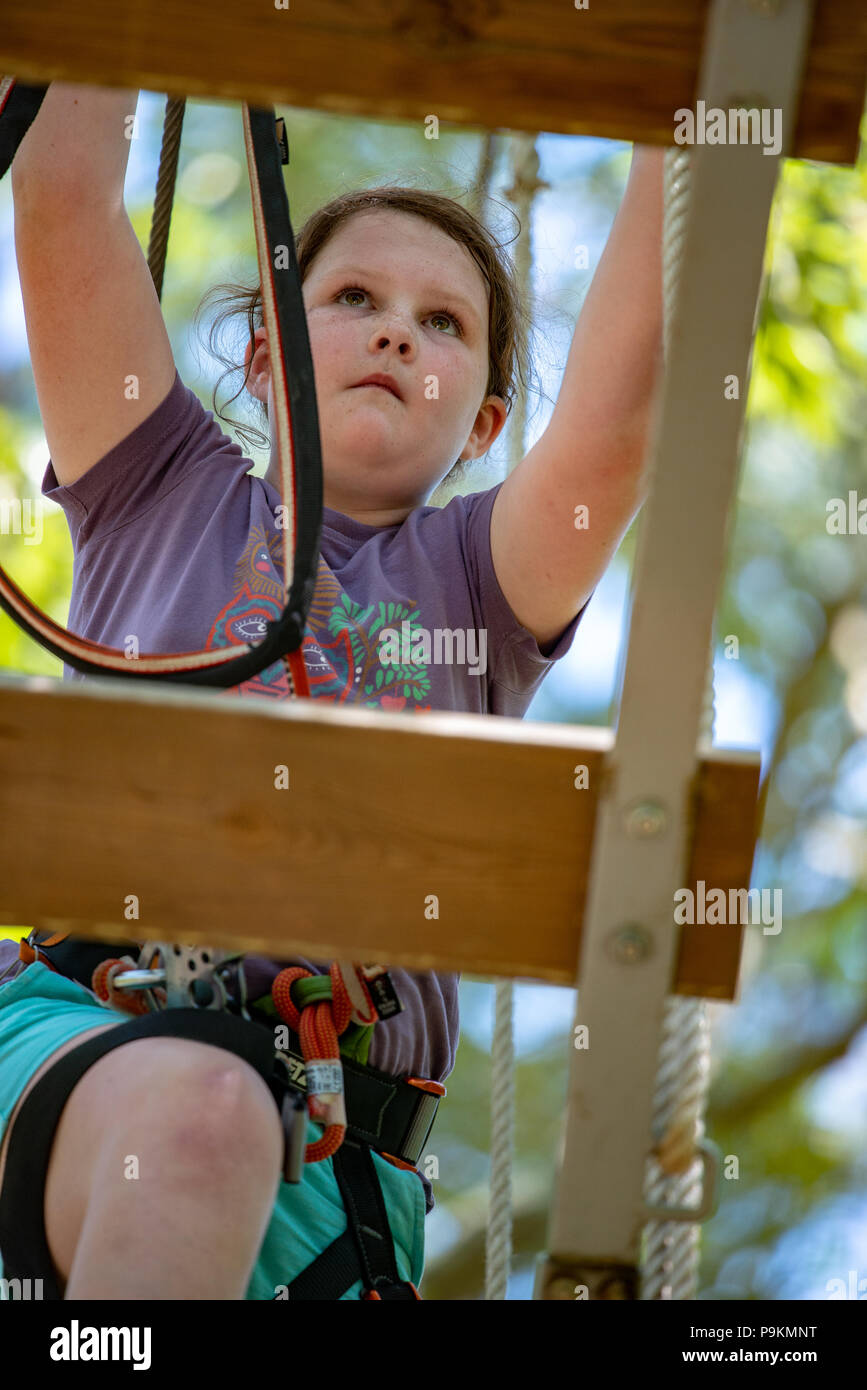 Portrait of a beautiful girl on a rope park among trees. Children ...